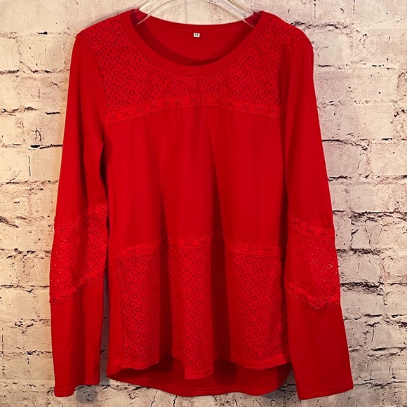 Tops | Womens Red Long Sleeves Pull Over Top With Lace Accents Size ...